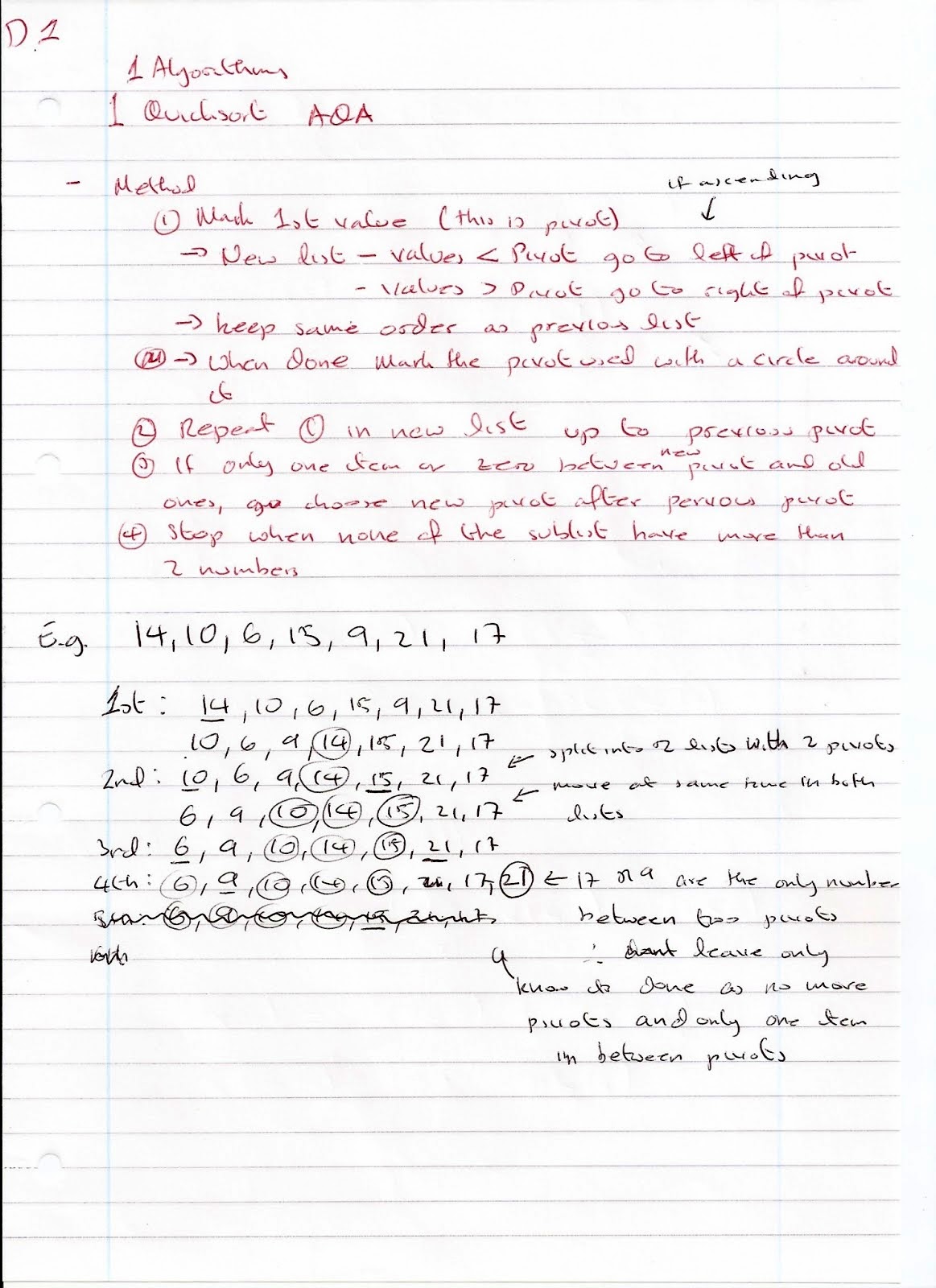A Level Maths Notes Decision Sorting Quick Sort