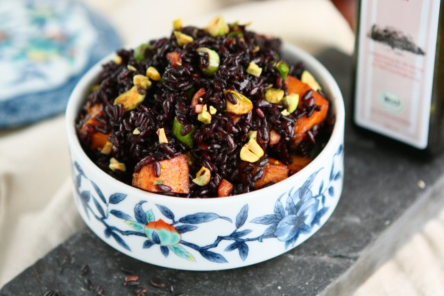 Black Venus Rice Salad with Roasted Sweet Potatoes and Pistachios