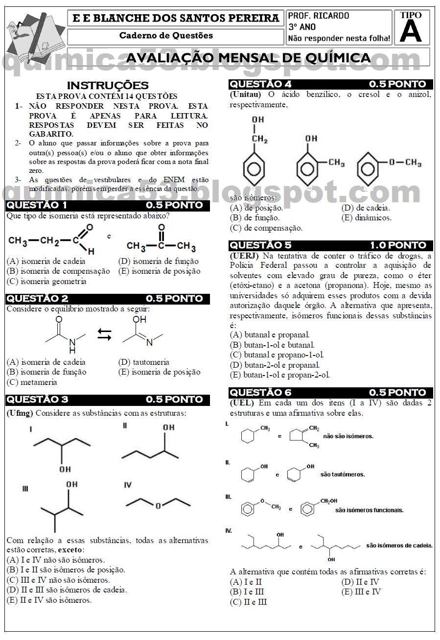 Atividade De Química 1 Ano Ensino Médio Nazaedu