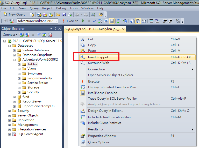 CaryHsu - 學無止盡: SQL Server 2012(Code Name Denali) - 新T-SQL語法介紹 – Code Snippet Manager