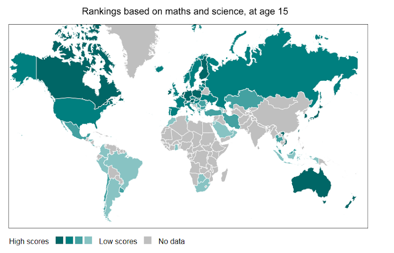 Imagens com Texto: Comparação da OCDE de alunos de 76 países