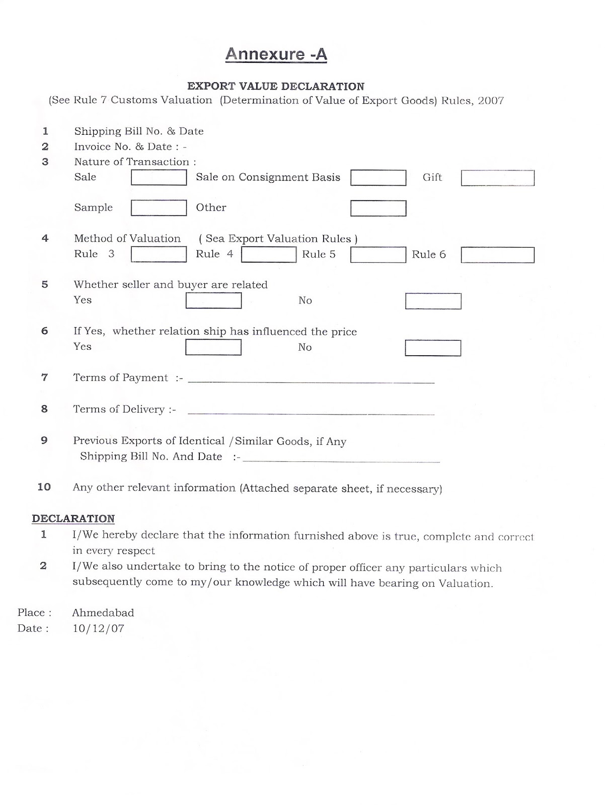 Indian Shipping Export Documents Format