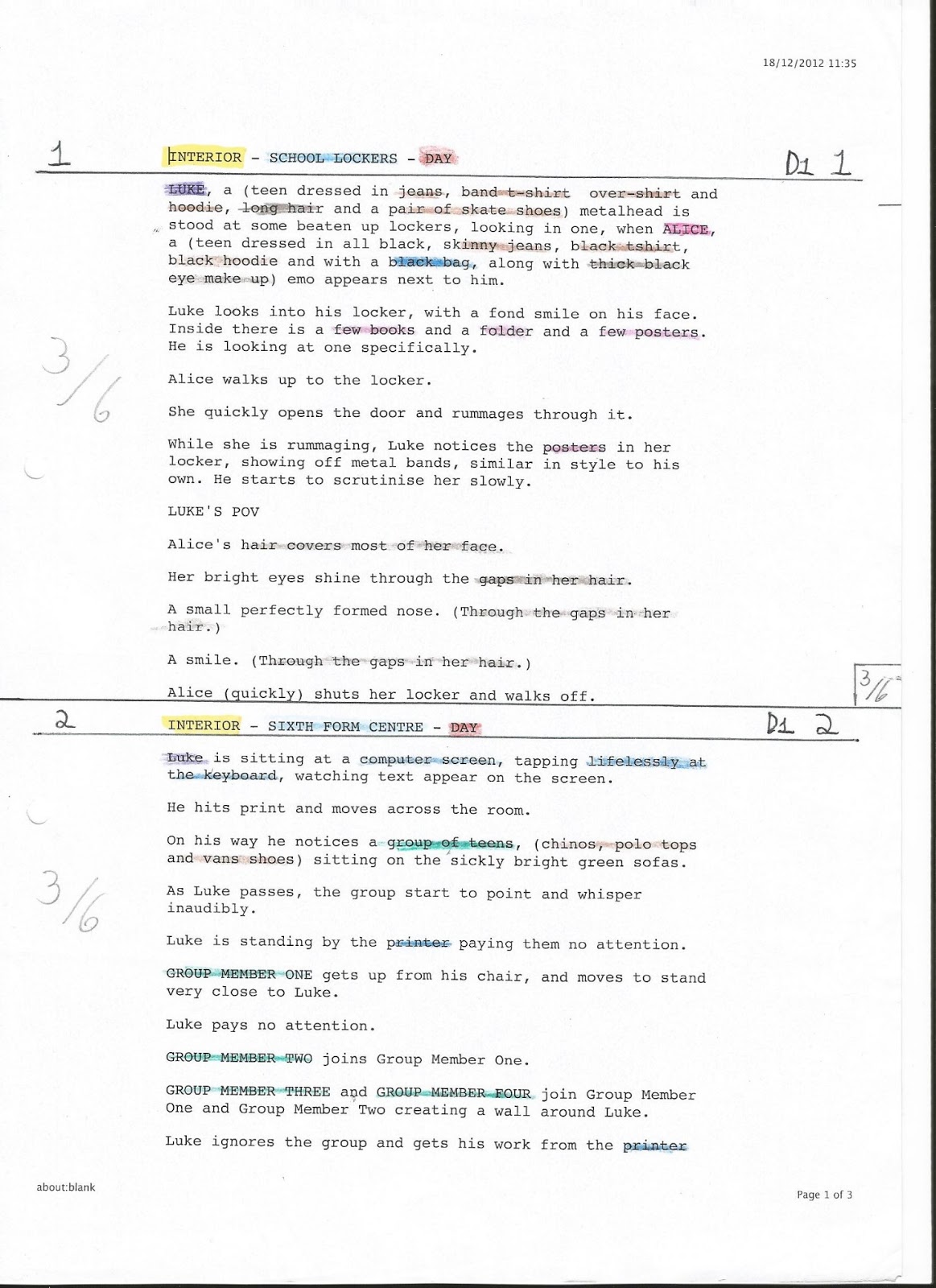 Pre Production Script Breakdown Joe Cross A2 Media Studies