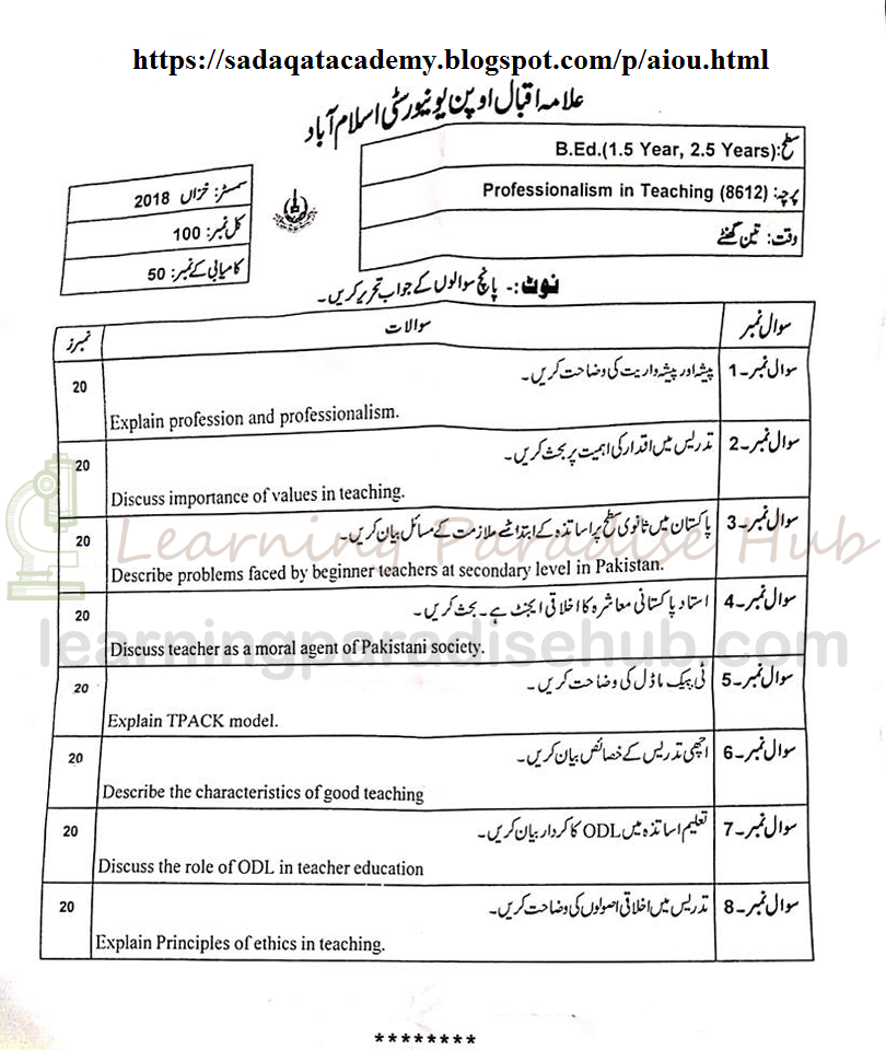 Course Code 8612 Past Paper Aiou Sadaqat Academy