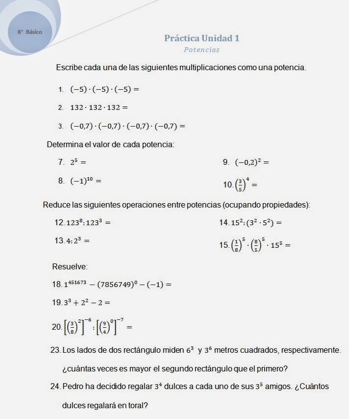 Matemática Ejercicios 8 Básico