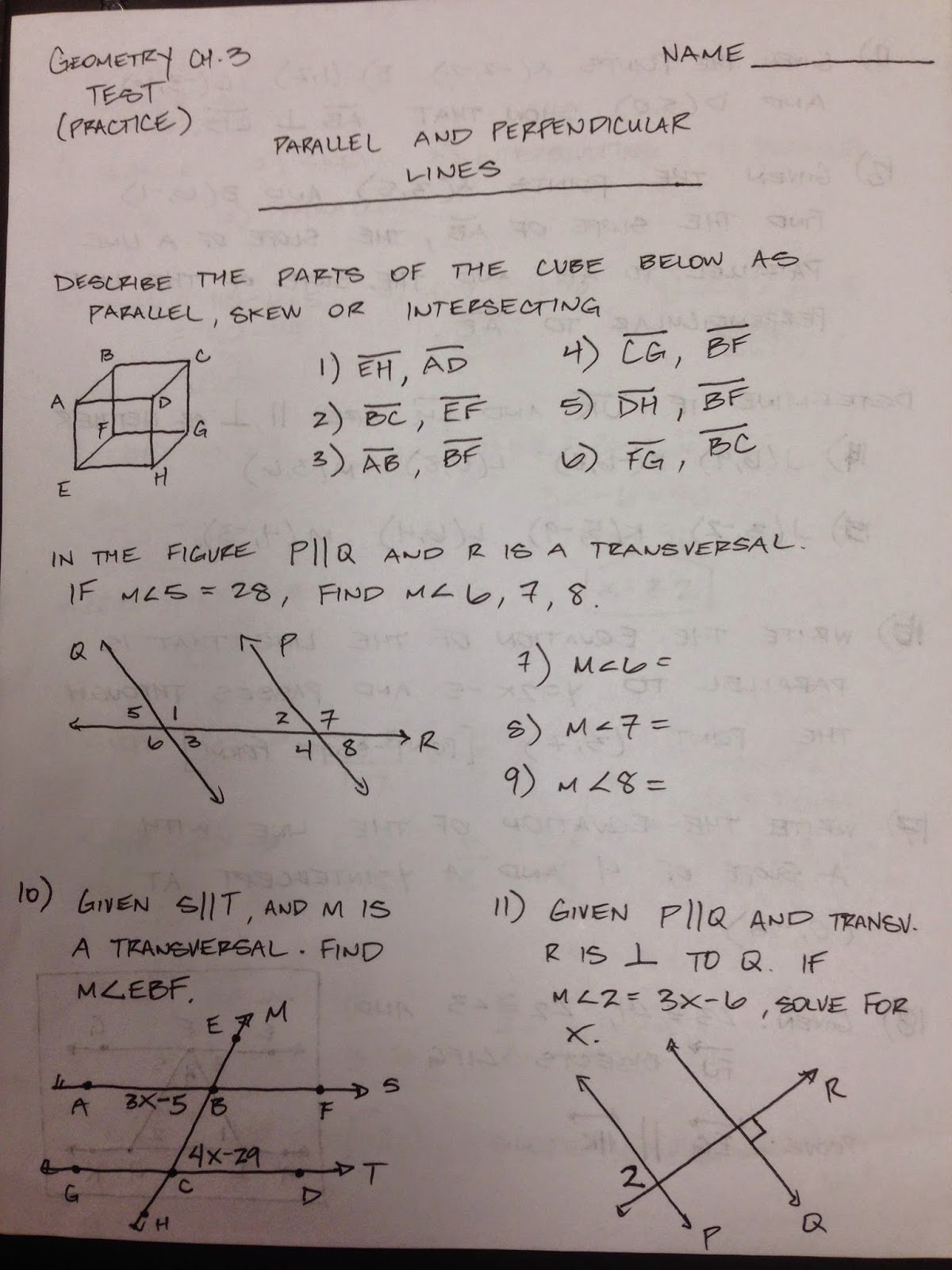 Honors Geometry Vintage High School Chapter 3 Practice Test And