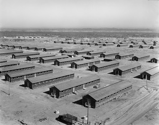 Aerial view of the barracks at the Poston Relocation Center in Arizona ...