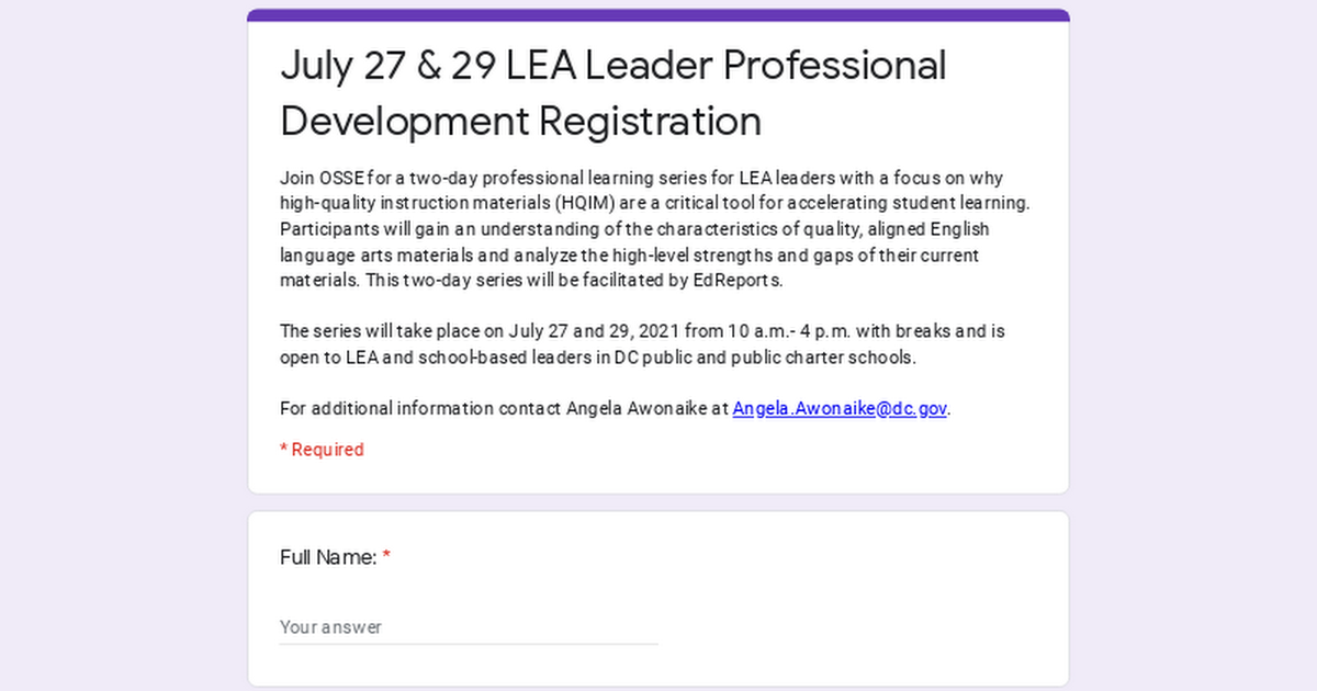 July 27 & 29 LEA Leader Professional Development Registration