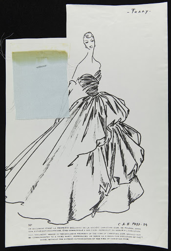 Christian Dior Fashion Design Drawing with Fabric Swatch, "Fanny," 1953 ...