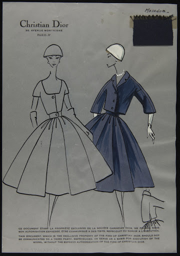 Dior Fashion Drawing with Fabric Swatches, "Macadam," 1956 - Christian ...