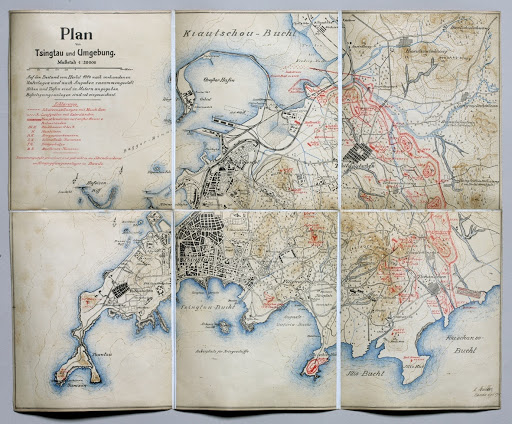 Map of Tsingtau and surroundings with military fortifications (marked ...