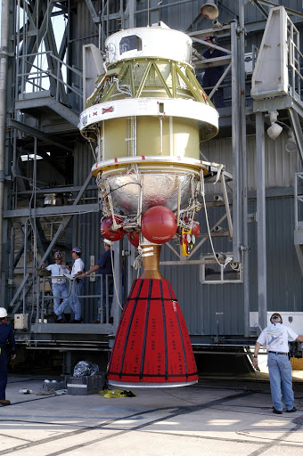 The second stage of the Delta II rocket is ready for its lift up the ...