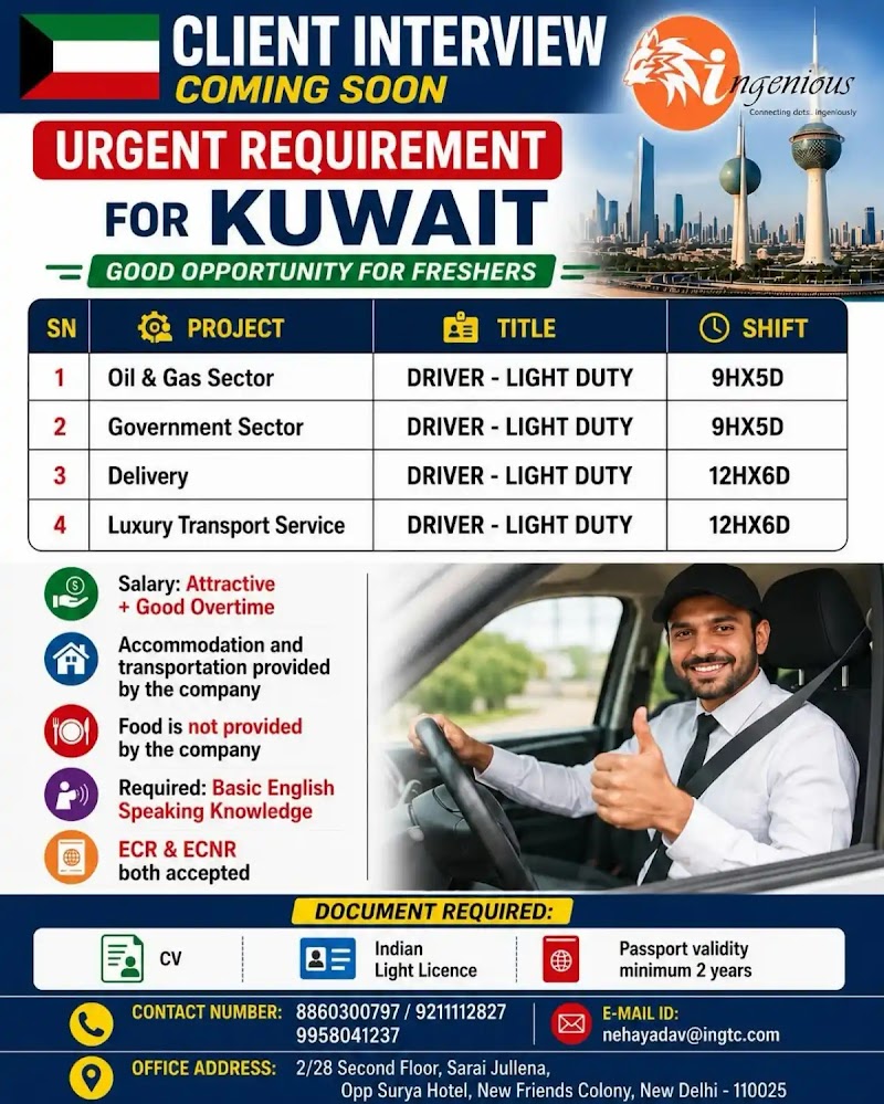 Urgent Driver Light Duty Jobs in Kuwait – Freshers Welcome | Client ...