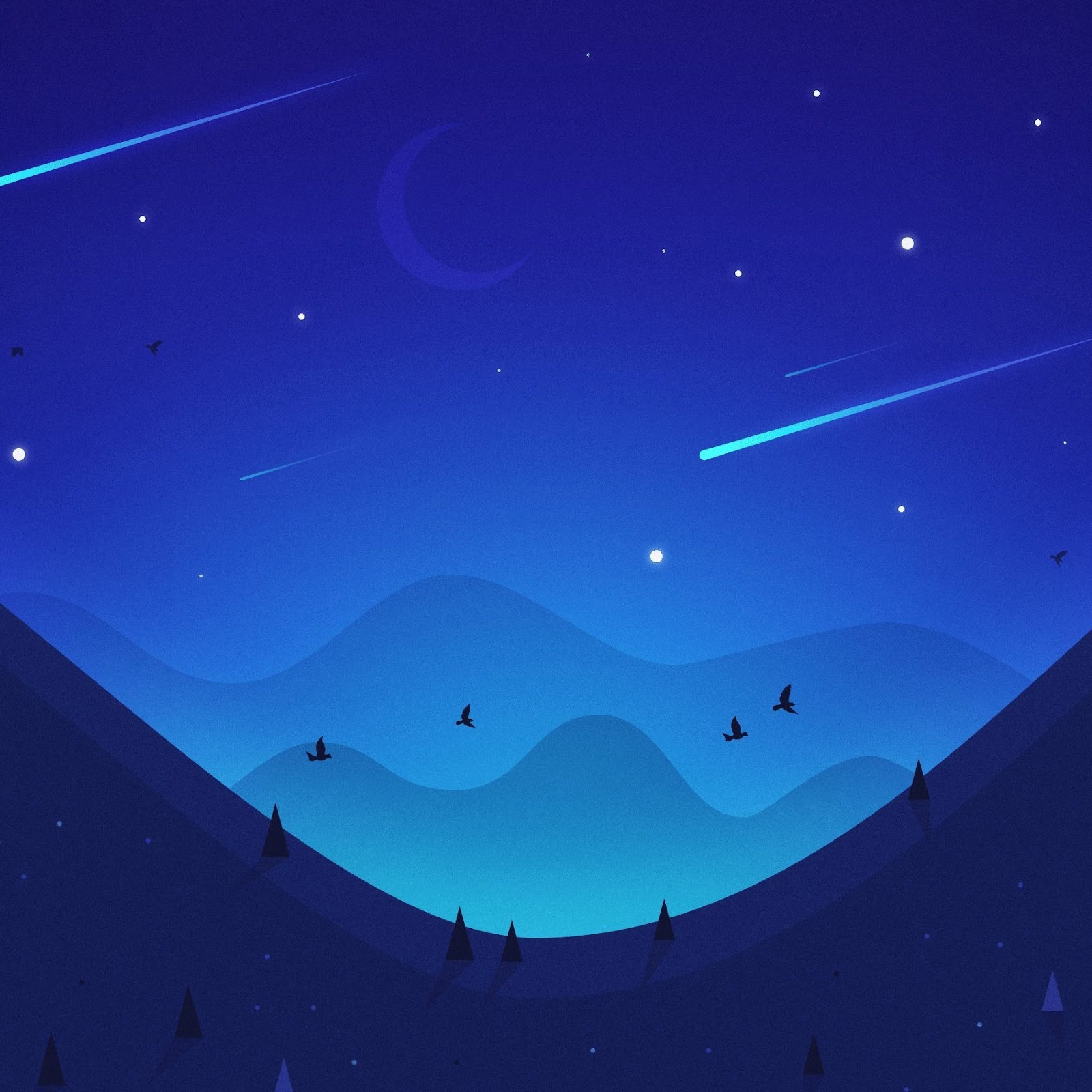 Landscape, Night, Blue, Illustration, Aesthetic 2K Wallpaper