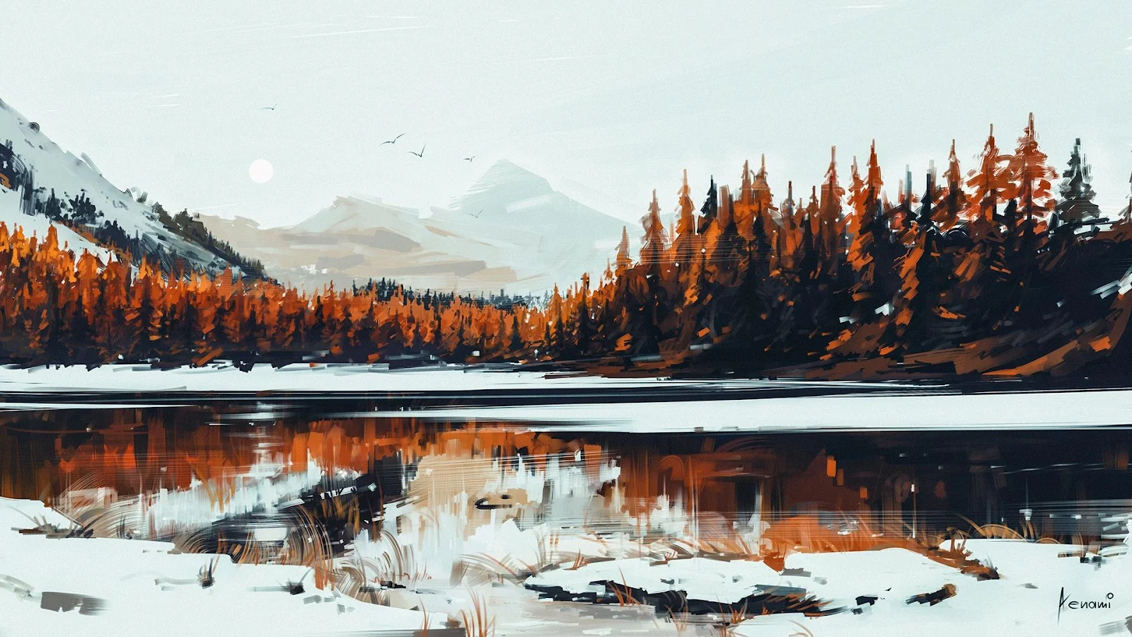 Autumn Forest Reflected In Snowy Lake Full HD Desktop Wallpaper