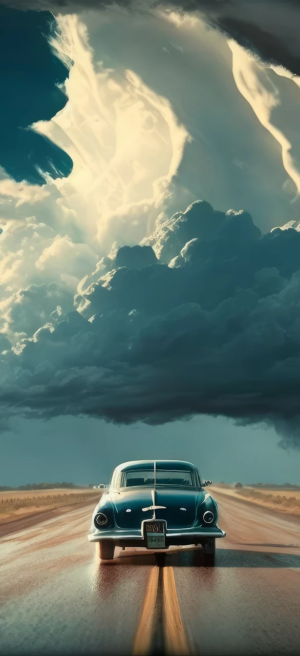 Ai Art, Illustration, Road, Car, Clouds 4K Wallpaper Background