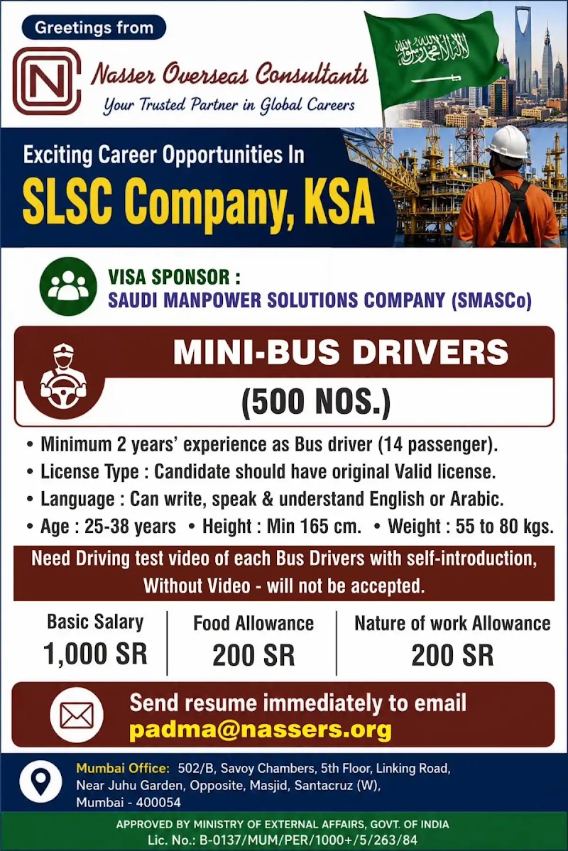 Mini-Bus Driver Jobs in Saudi Arabia | SLSC Company | 500 Vacancies