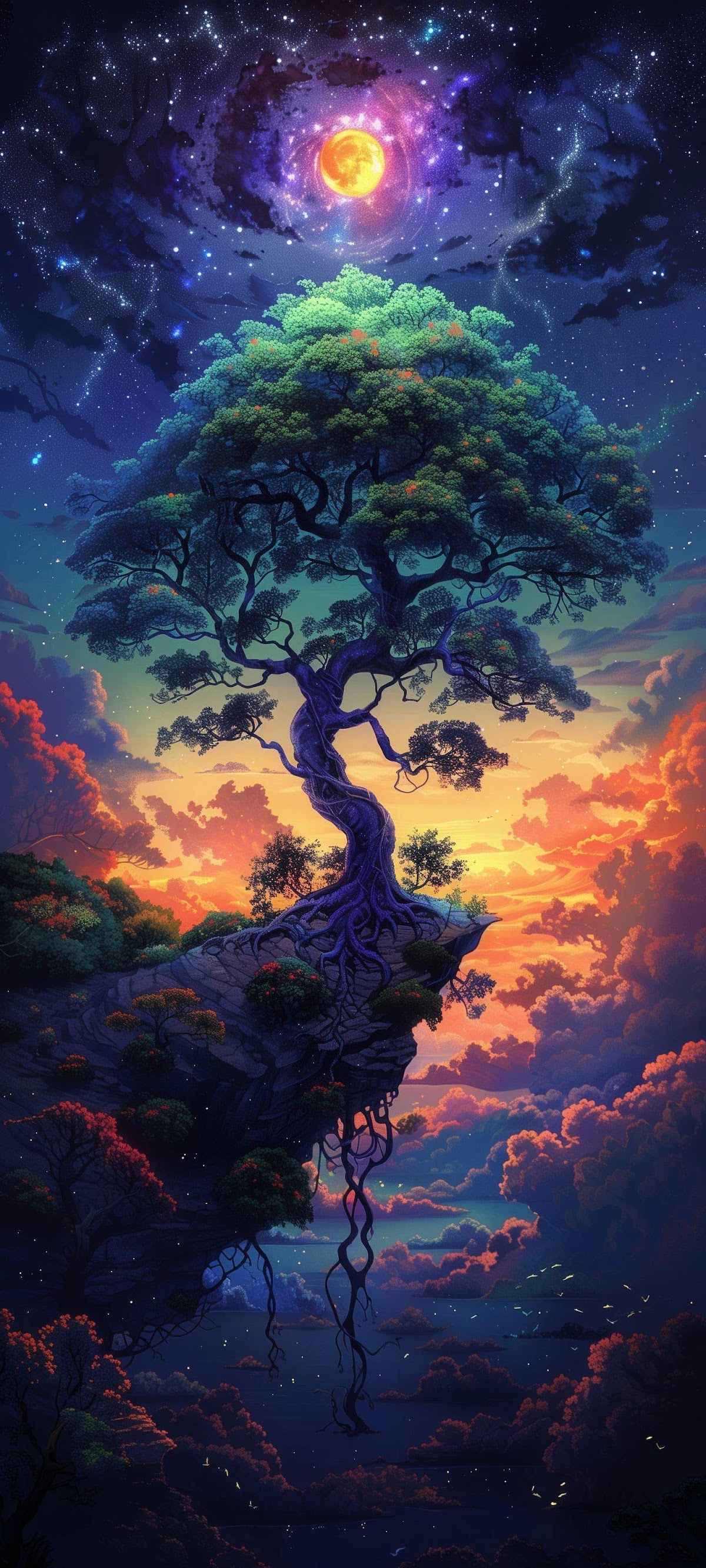 Mystical Tree Under Cosmic Sky 2K iPhone Wallpaper