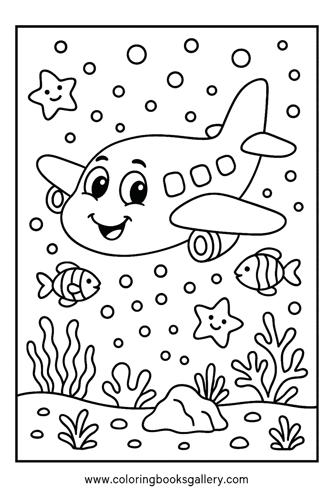 cute airplane under the sea coloring page for kids