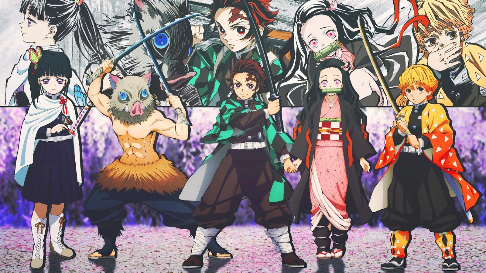 Demon Slayer Main Cast Group Pose Full HD Desktop Wallpaper