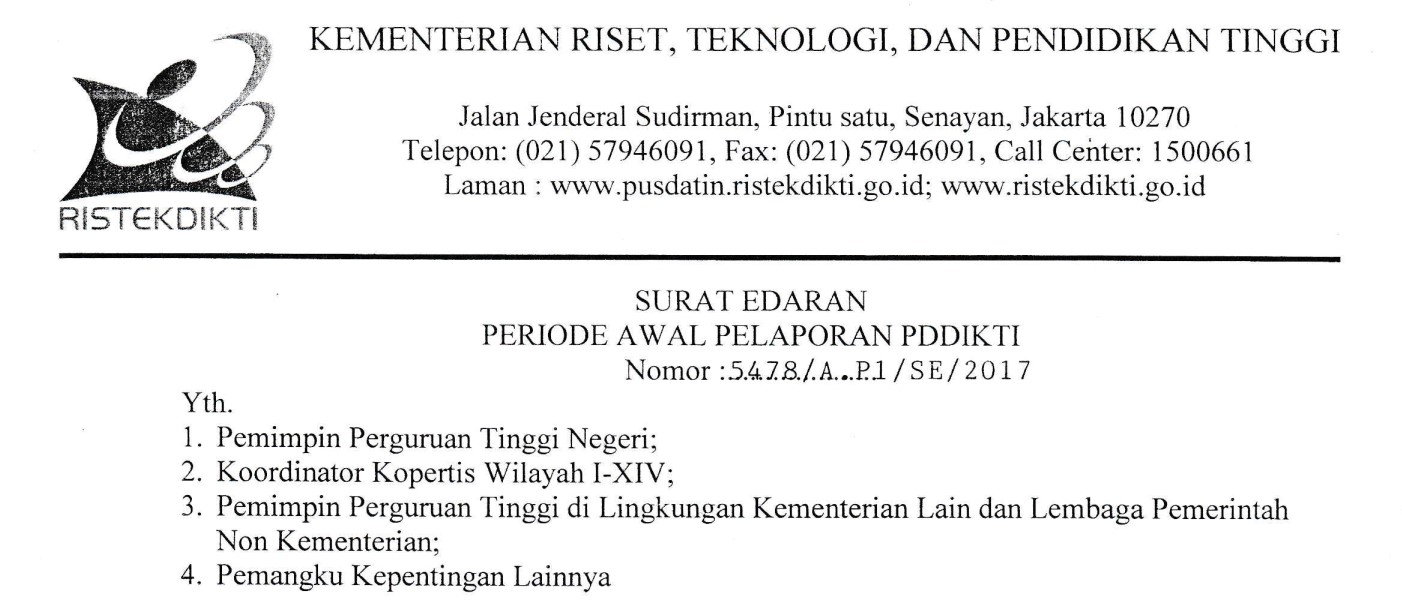 Surat Edaran Periode Awal Pelaporan PDDIKTI