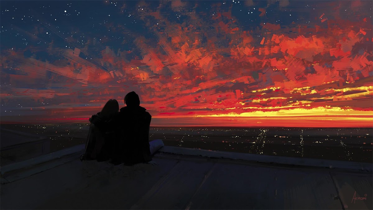 Romantic Rooftop Sunset Painting Full HD Desktop Wallpaper