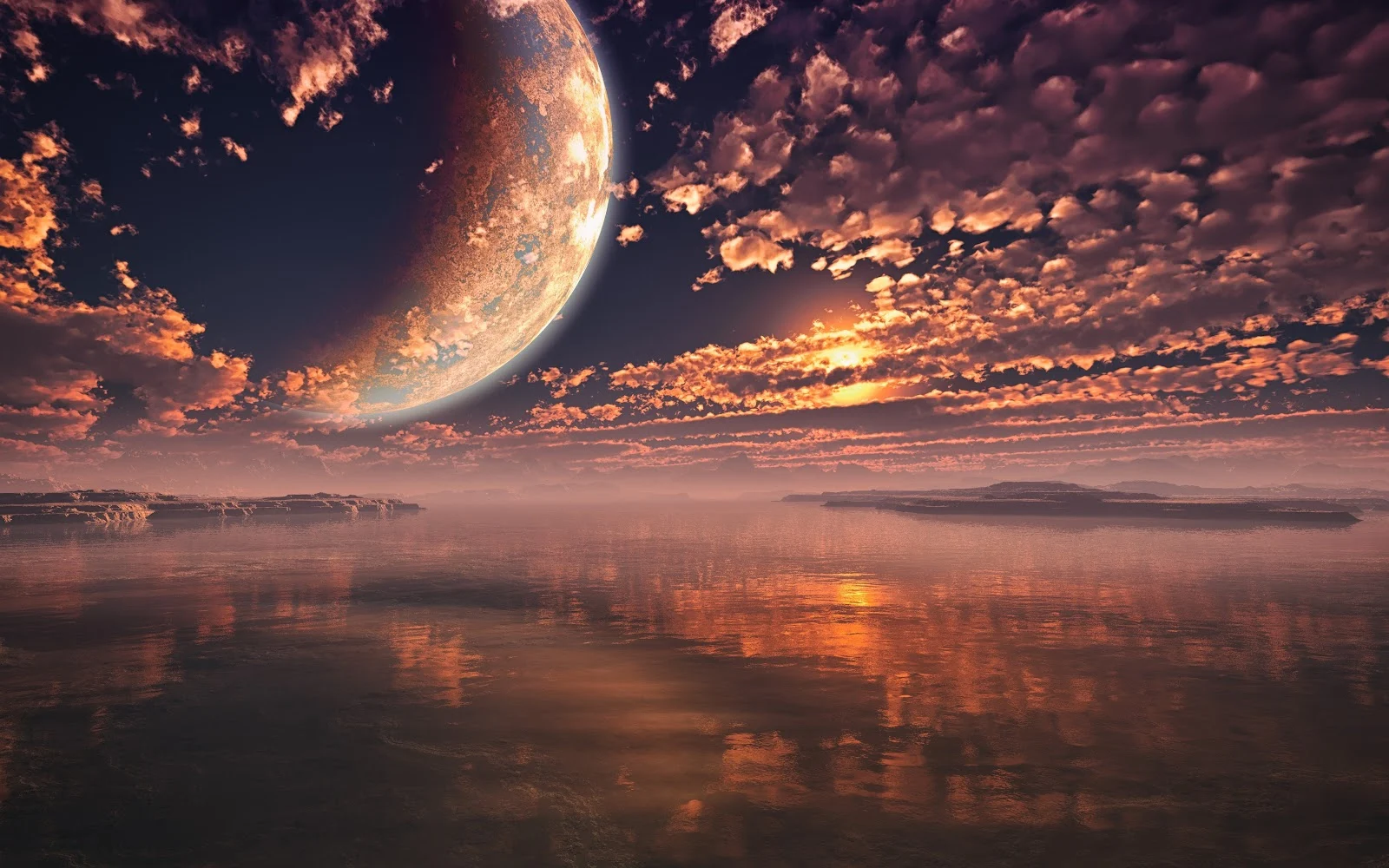 Moon, Sea, Water, Cgi, Reflection 4K Wallpaper