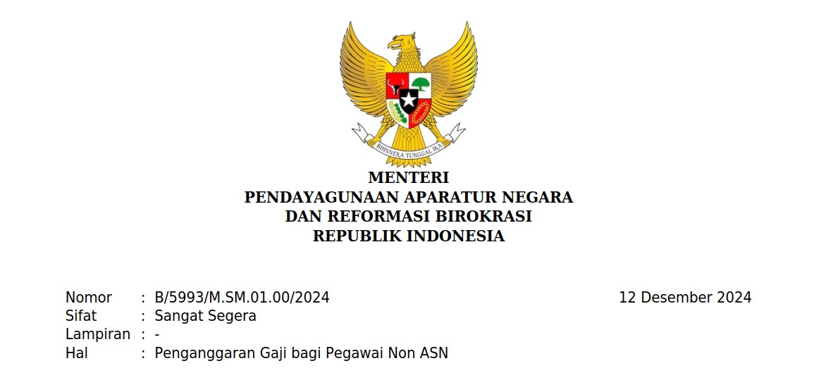 Surat Edaran MenpanRB Nomor B/5993/M.SM.01.00/2024 Tentang Penganggaran Gaji Bagi Pegawai ...