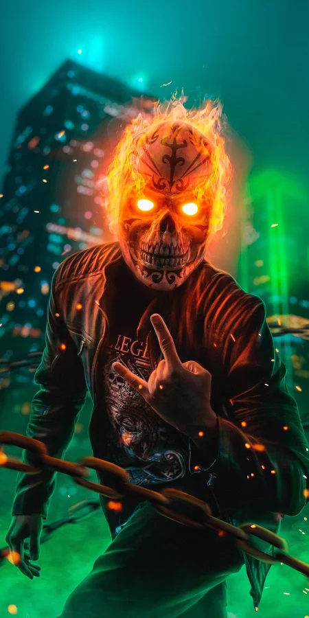 Ghost Rider, Flaming Skull, Leather Jacket, Metal chain 5K iPhone Phone ...