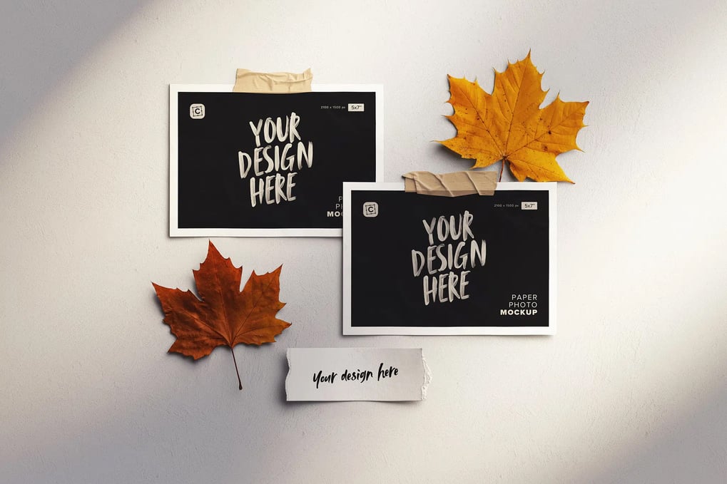 Moodboard with Photos and Autumn Leaves Mockup - Đồ Hoạ Vip