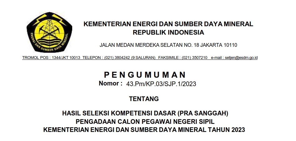 Pengumuman Hasil Seleksi Kompetensi Dasar (SKD) CPNS Di Kementerian Energi dan Sumber Daya ...