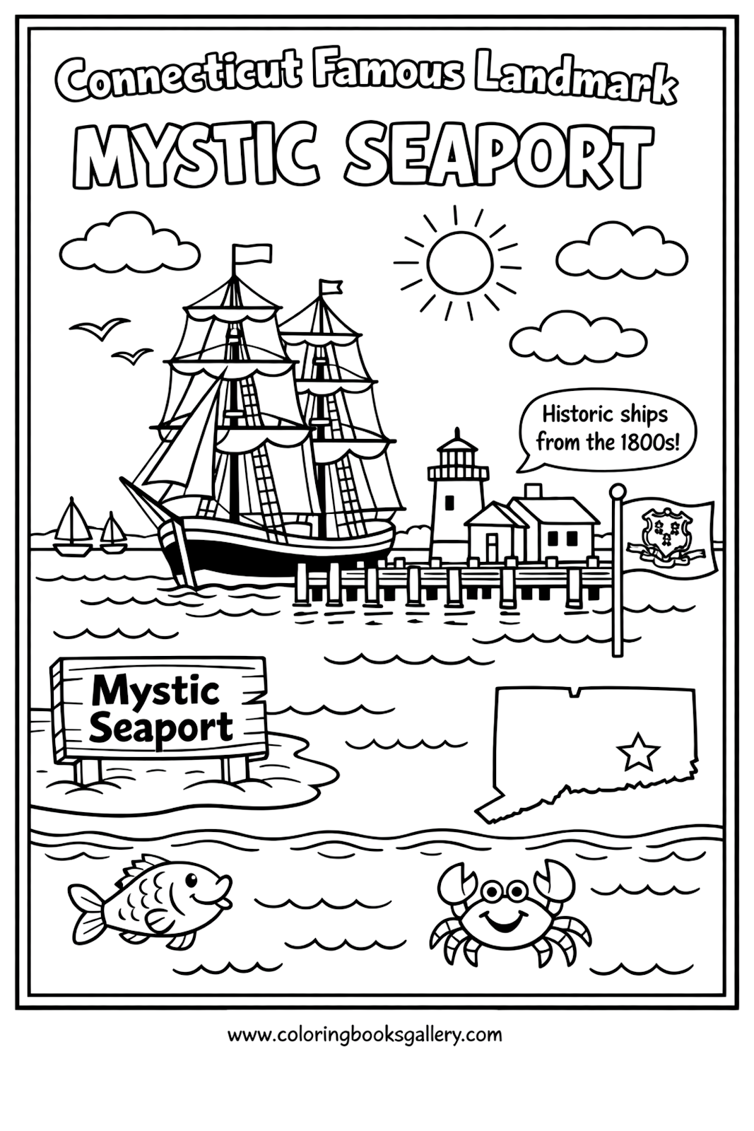 Connecticut Famous Landmark – Simple Educational Printable Coloring ...