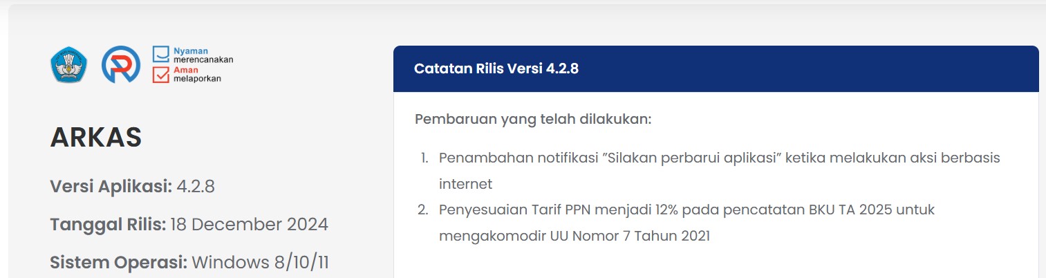 Update Aplikasi ARKAS Versi 4.2.8 Per Tanggal 18 Desember 2024