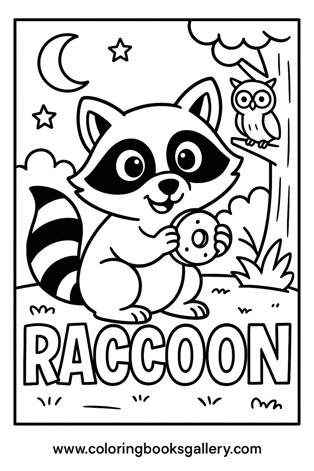 Fun coloring page to learn the English word 'Raccoon' for kids