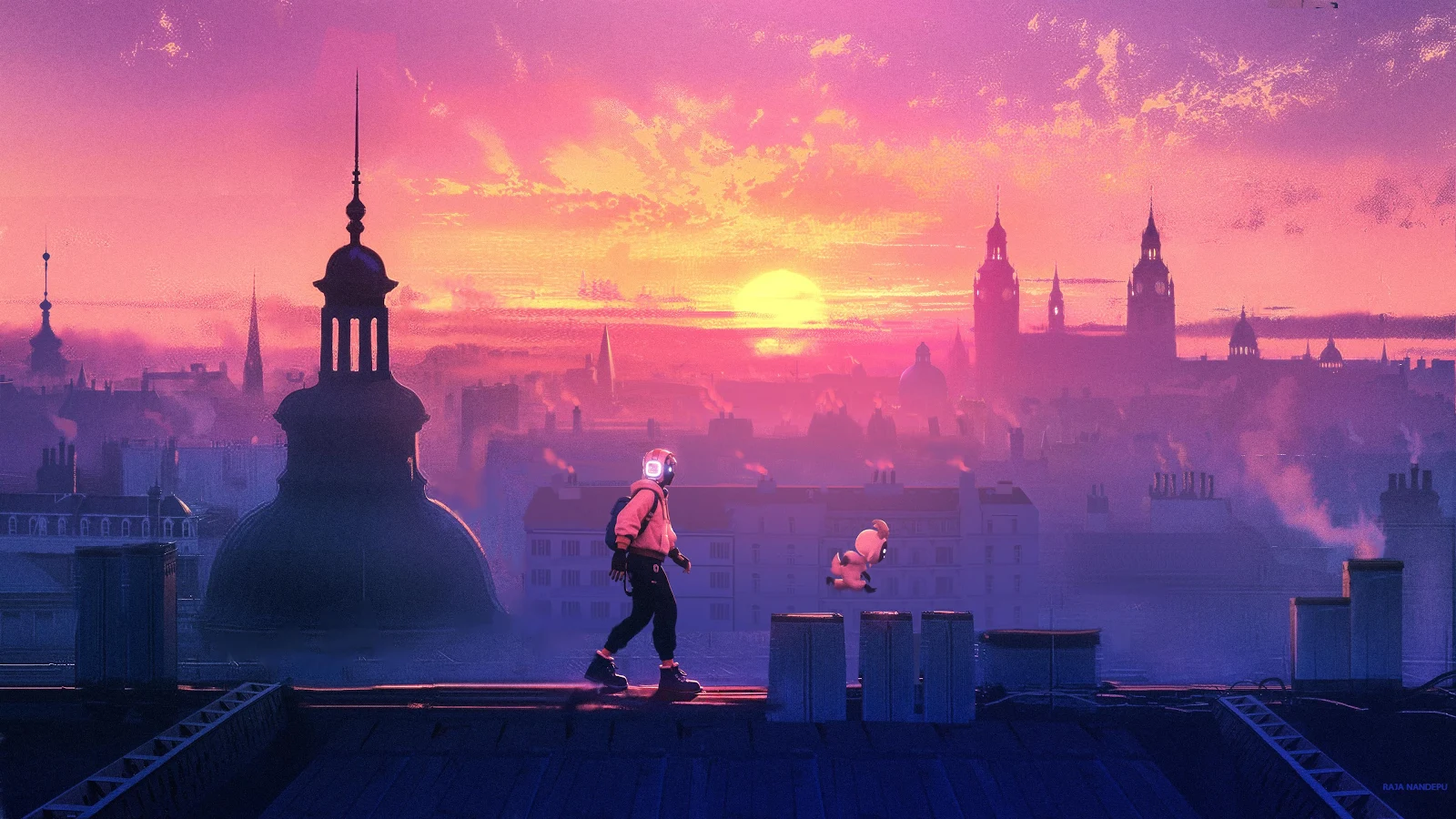 Cyberpunk Rooftop Walker At Sunset 4K Desktop Wallpaper