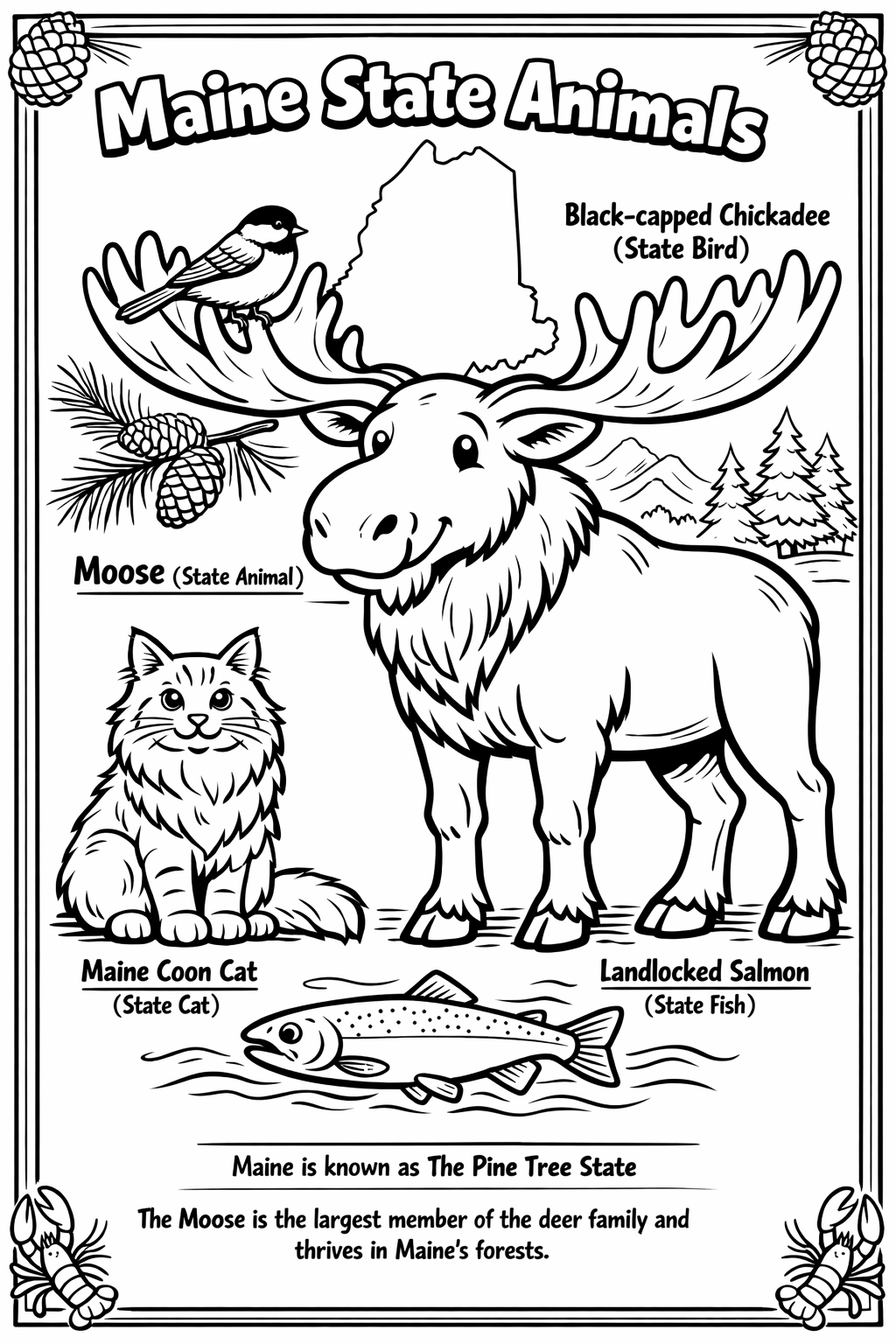 Maine State Animal – Simple Educational Printable Coloring Page for Kids