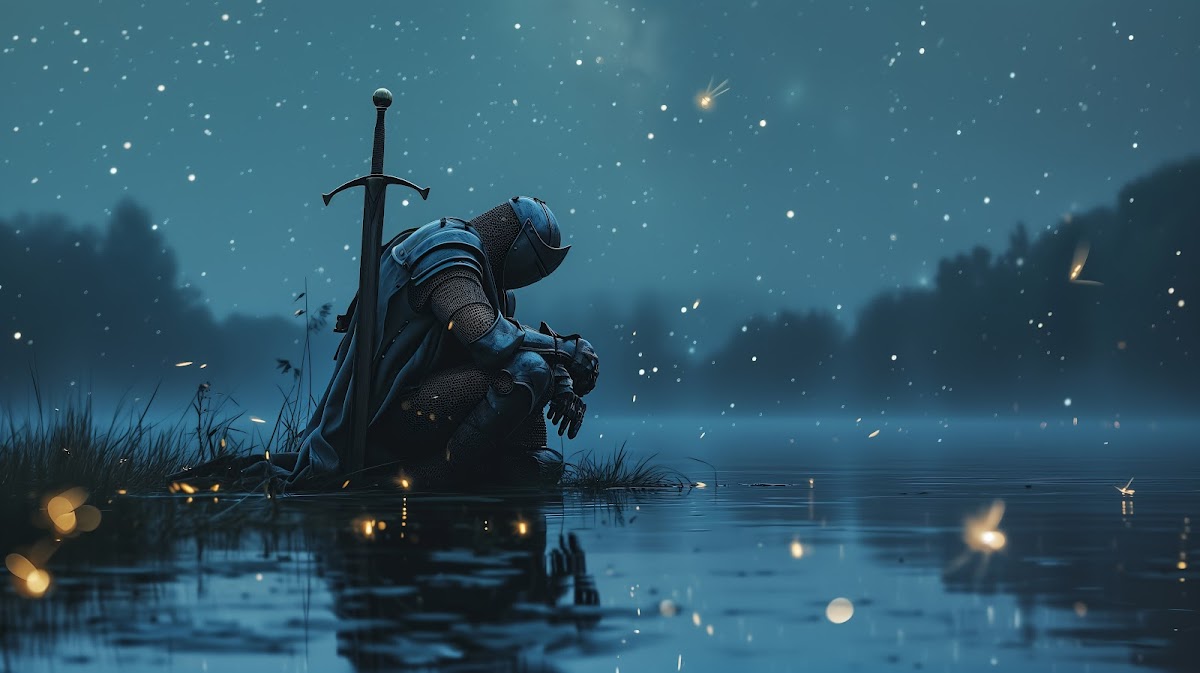 Ai Art, Knight, Sitting, Sword, Fireflies 5K Wallpaper