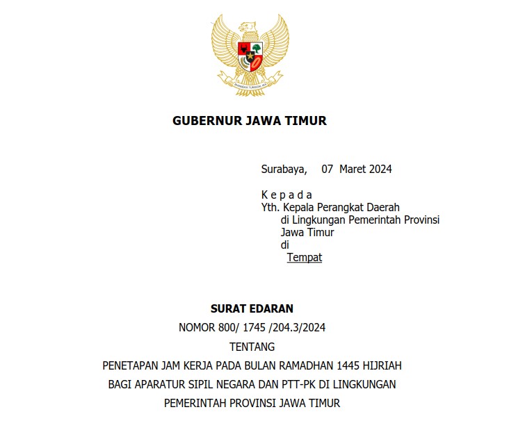 Surat Edaran Jam Kerja Pada Bulan Ramadhan 1445 Hijriah/2024 Bagi ASN Di Lingkungan Pemerintah ...