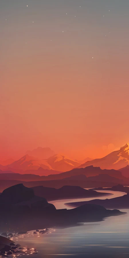Digital Painting, Landscape, Mountains, River, Sky 2K Phone Wallpaper
