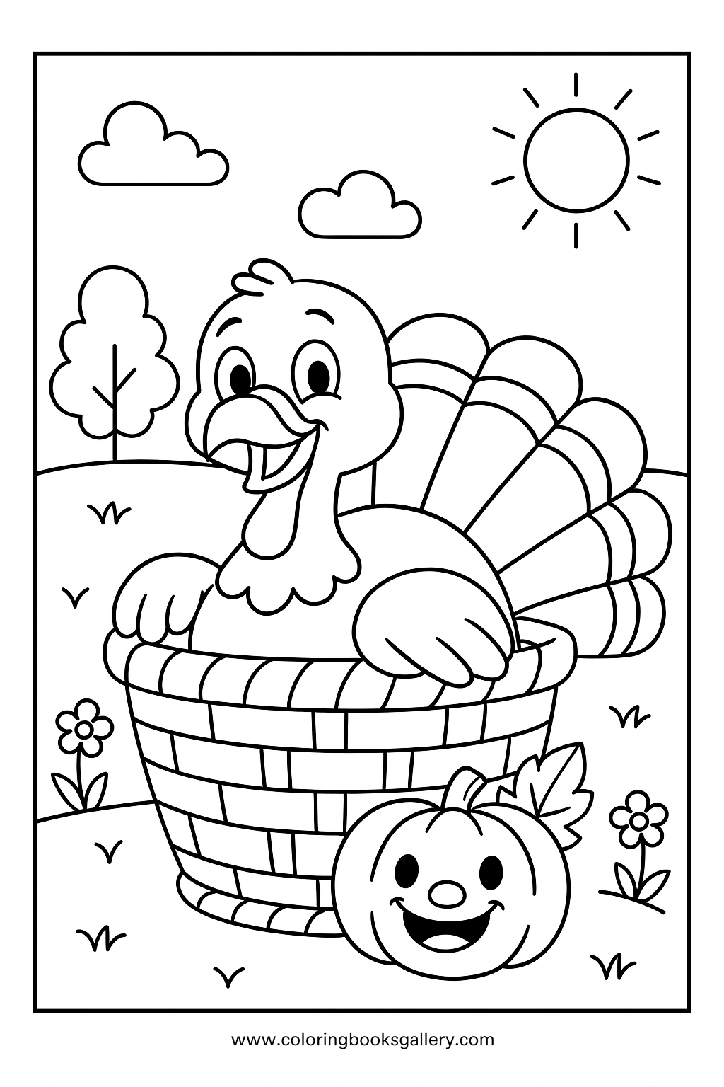 Turkey in a Basket Coloring Sheet – Free Printable for Kids and Adults