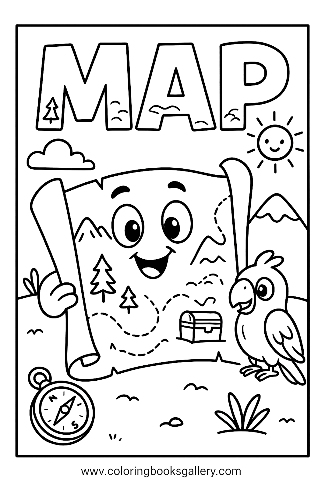 Fun coloring page to learn the English word 'Map' for kids