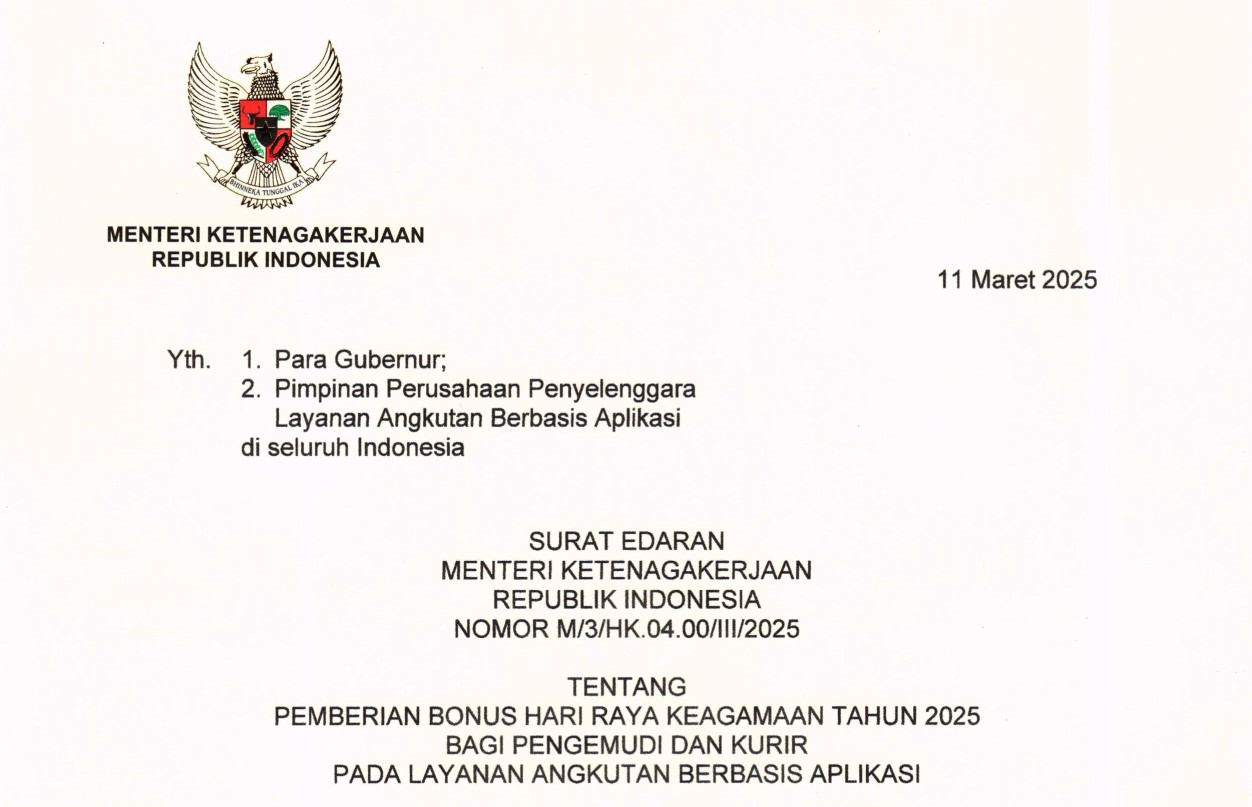 Surat Edaran Tentang Pemberian Bonus Bagi Pengemudi dan Kurir Pada ...