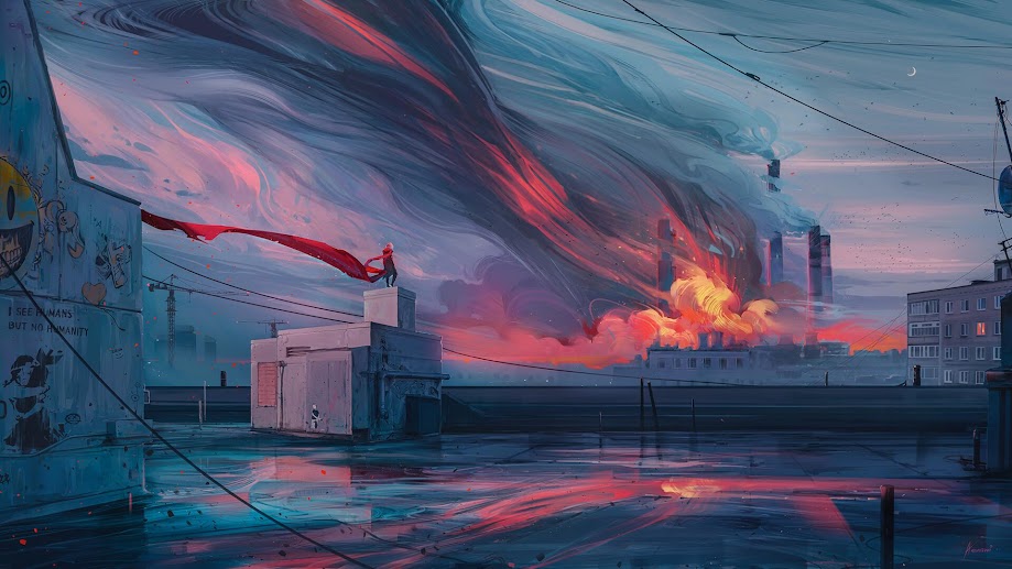 Lone Figure Observing Red Industrial Sky Full HD PC Wallpaper