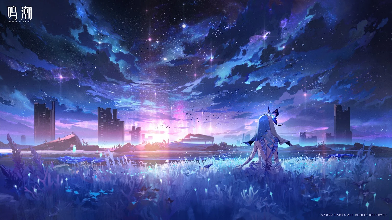 Anime, Fantasy, Night Sky, Cityscape 5K Wallpaper