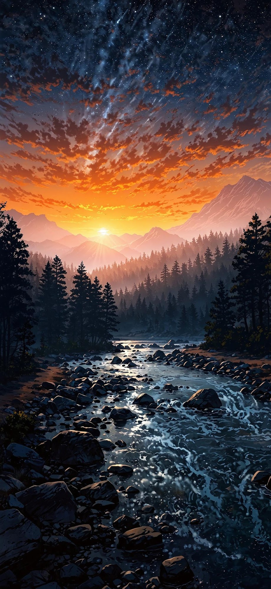 Dramatic River Sunset Mountain View Full HD iPhone Wallpaper