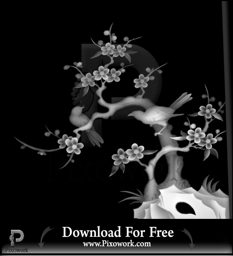 BMP free cnc design Tree Birds Grayscale Image
