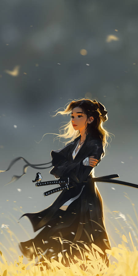 Sam Yang, Samurai, Women With Swords, Field, Artwork 4K Phone Wallpaper