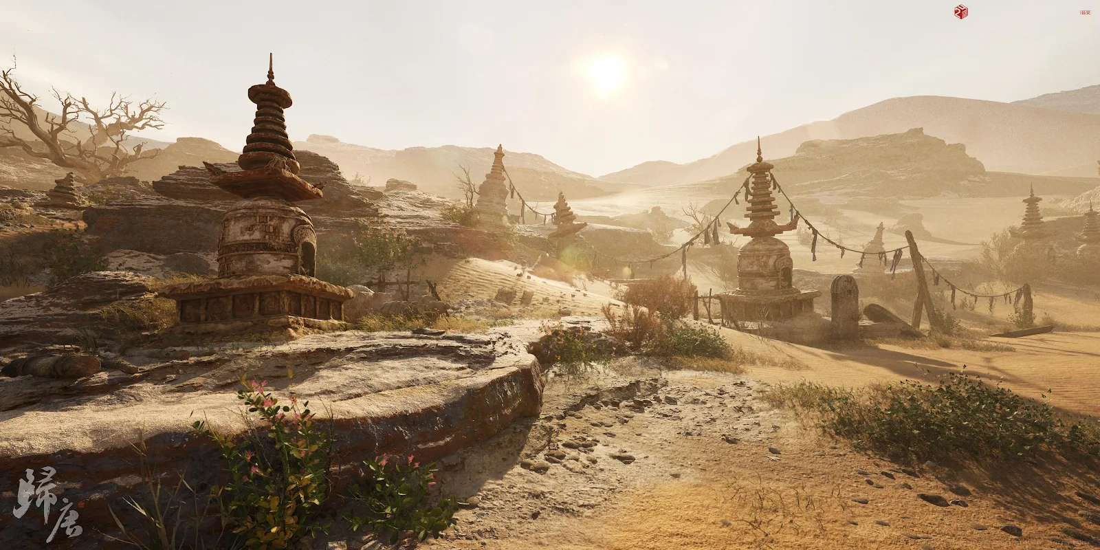 Desert Stupas Under Hazy Sun 2K Desktop Wallpaper