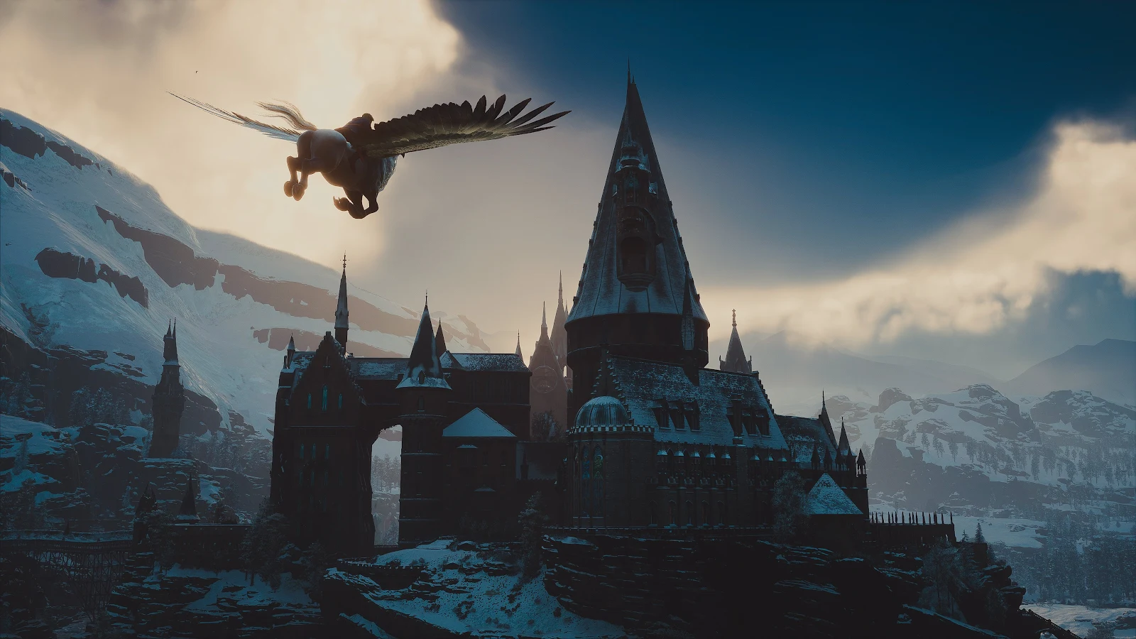 Hogwarts Castle and Flying Hippogriff 4K Desktop Wallpaper