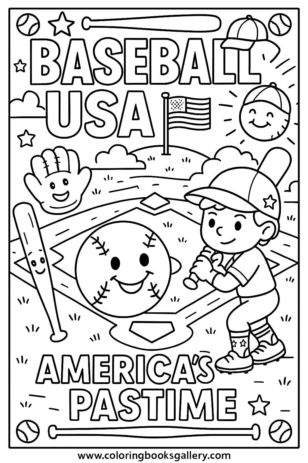 Baseball USA Theme Coloring Page – Simple Educational Printable Line ...